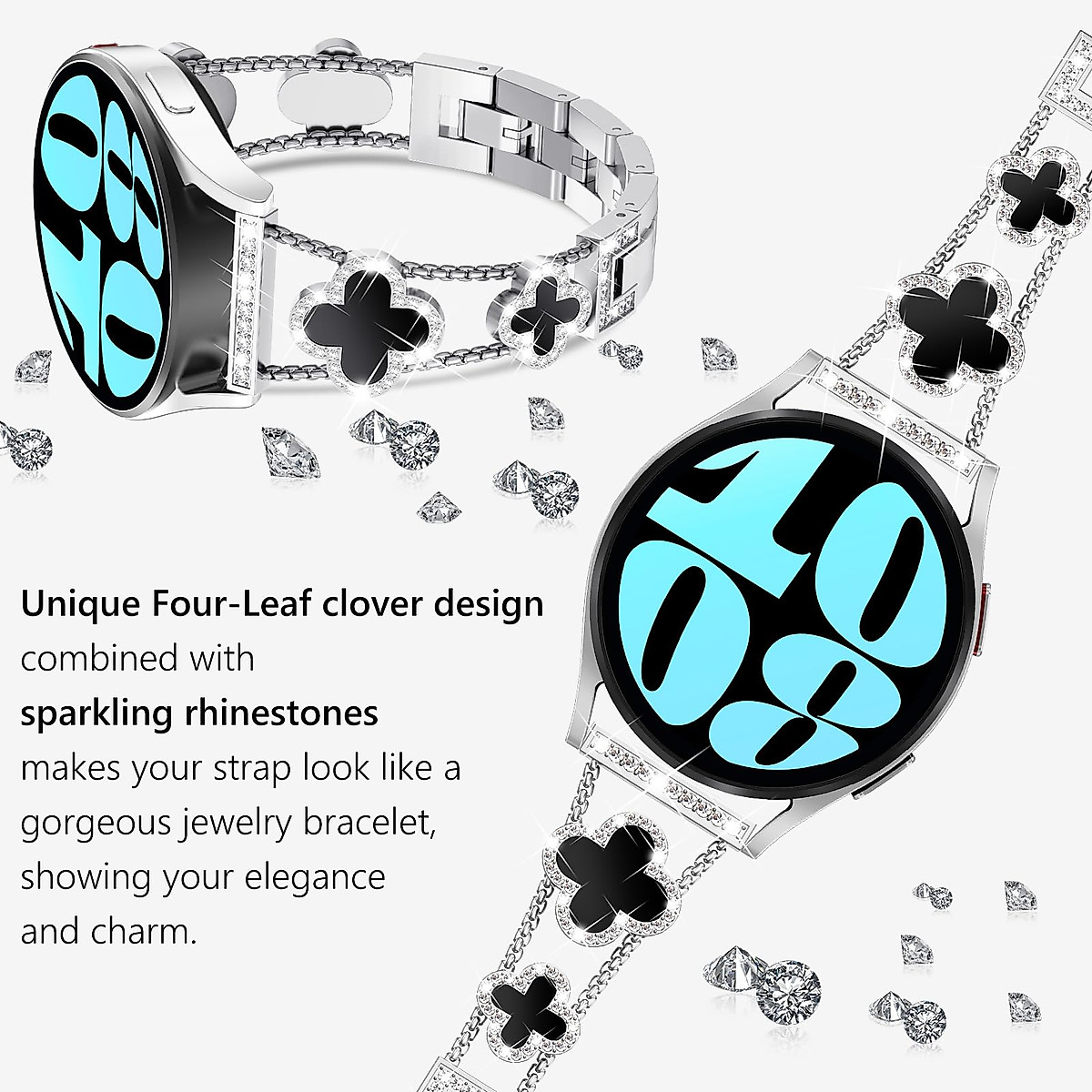 WINGLE for Samsung Galaxy Watch 7 6 5 4 FE Band 40mm 44mm Women Watch 5 Pro Band 45mm Four/4 Leaf Clover 20mm Bling Band for Active 2/Galaxy Watch 6/4 Classic 43mm 47mm 42mm 46mm/Watch 3 41mm, Silver