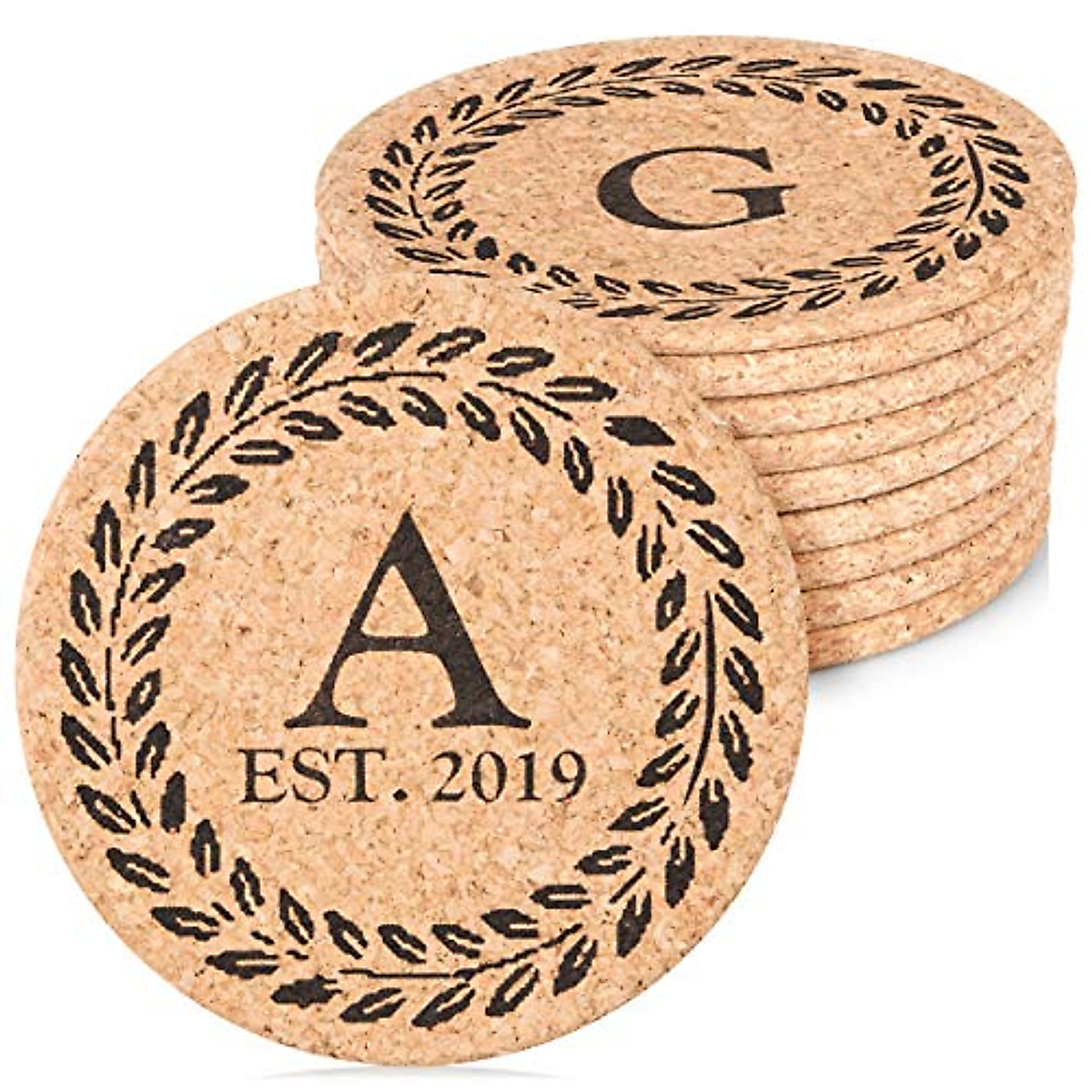 Custom Catch Personalized Cork Trivet Gift - (2) 7" Hot Pads - Monogram Wreath Customizable Trivets for Hot Dishes, Pots, Pans, Baking Sheets, Hot Plates for Table, Countertop, Kitchen