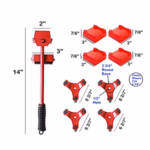 Furniture Mover & Lifter Kit with 4 Sliders,3 Wheel Furniture Dolly, 6-Inch Steel Tri-Dolly with Caster, Easy Moving System Roller Riser for Bulky & Heavy Loads, 9 Pack 440-lb Load Capacity