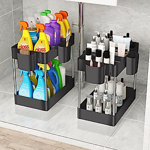 [ 2 Pack ] Under Sink Organizers and Storage, 2 Tier Bathroom Organizer Under Sink Shelf with 4 Removable Dividers , Kitchen Cabinet Storage Caddy Bath Counter Basket with Hooks Dividers Hanging Cups
