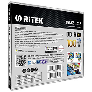 5 Pack Ritek BD-R XL BDXL 100GB Archival Grade Triple Layers 4X White Inkjet Hub Printable Blank Disc w/Standard Jewel Case