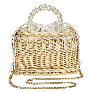 So'each Women's Handmade Rattan Wicker Lace Woven Artificial Pearl Shoulder Bag