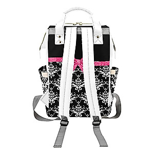 Black White Damask Pink Glitter Bow Diaper Bag Backpack with Name for Men Women Custom Personalized Nursing Baby Bags Shoulders Travel Bag Daypack