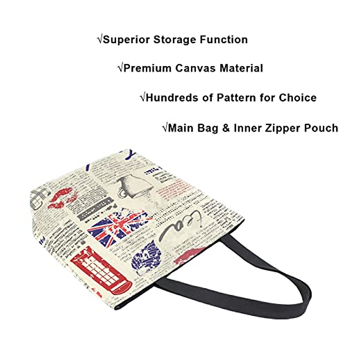 ALAZA Newspaper British Flag Retro Canvas Tote Bag for womenLarge Women Casual Shoulder Bag Handbag,Shopping Grocery Cotton Bag Reusable,Multipurpose,Heavy Duty For Outdoors Weekender Travel