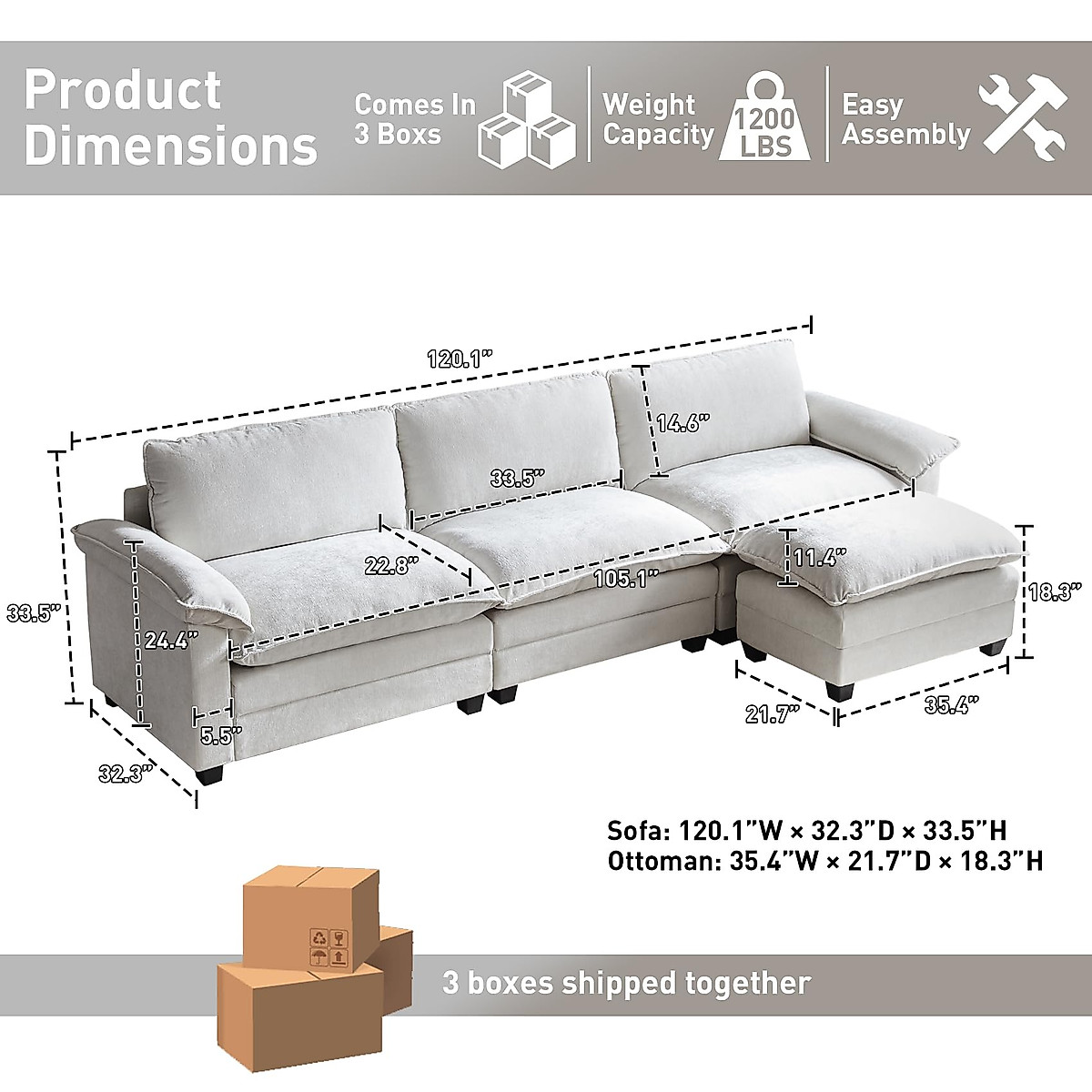 mestyl Comfy Modular Sectional Couch with Ottoman, 120" L Shaped 3 Deep Seat Fluffy Cloud Sofa, Modern Sleeper Sofas Soft Couches Set for Living Room, Apartment, Office, Studio, Chenille, Beige White