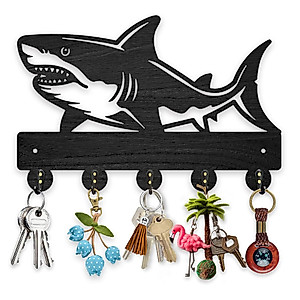 MAYJOYDIY Wooden Shark Wall Mount Coat Rack Sea Fish Key Hanger for Wall 11.8×7.9inch Sea Ocean Creatures Key Holder Rack 5 Alloy Hooks Sea Life Wall Art Decor for Gift Living Room Office Entryway