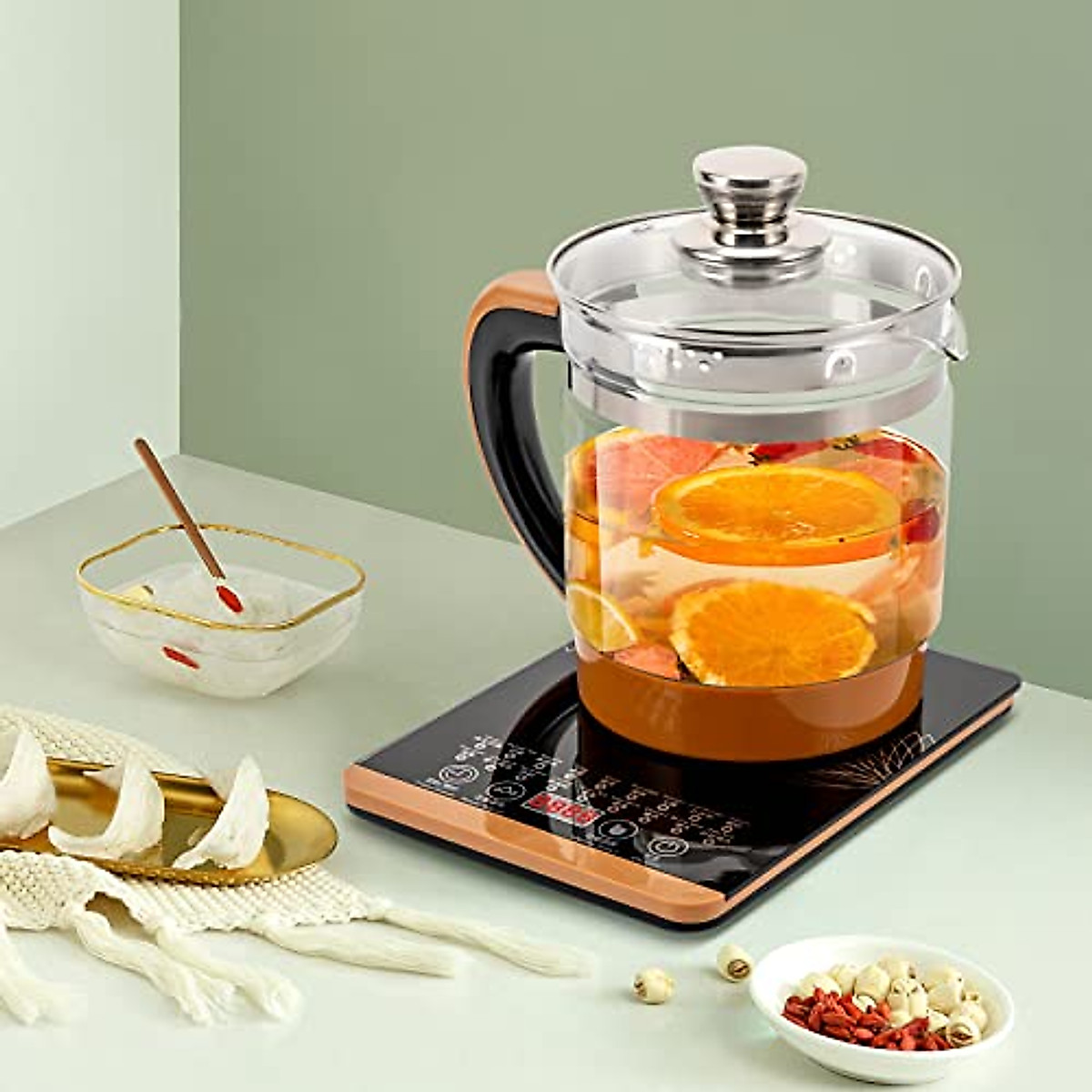 Electric Kettle 1.8L Electric Health Pot Kettle 110V health pot,tea maker, black flower tea, decoction pot, 800W Multifunction Food-Grade Stainless Steel (Brown)