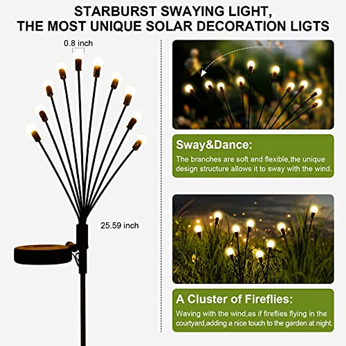 Oyxon Solar Garden Lights, 10 LEDs Solar Powered Firefly Lights, Solar Lights Outdoor Waterproof, Solar Garden Decorative Lights for Yard Patio Path Landscape, 2 Pack (10-Head Warm White)