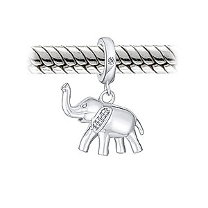 Trunk Up Good Luck Zoo Animal Elephant Dangle Bead Charm For Women Teen .925 Sterling Silver Fits European Bracelet