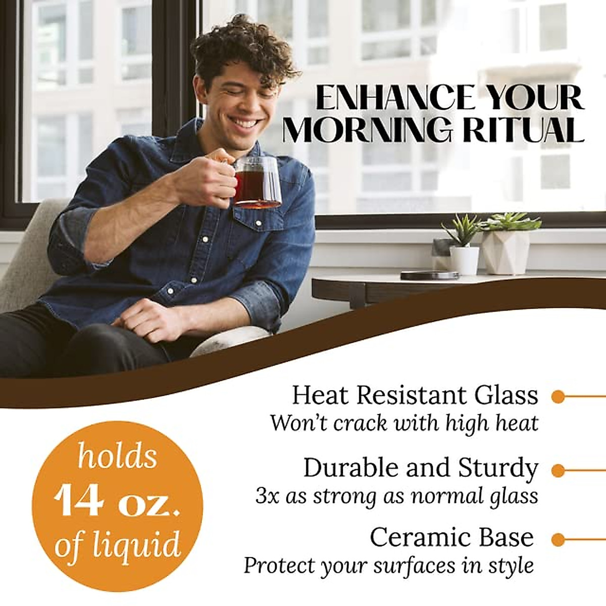 Pure Over Signature Borosilicate Glass Mug - Holds 14 oz - Includes Ceramic Coaster - Modern Design with Ergonomic Handle - Perfect for Hot & Iced Coffee, Latte, Cappuccino, Tea, Hot Chocolate