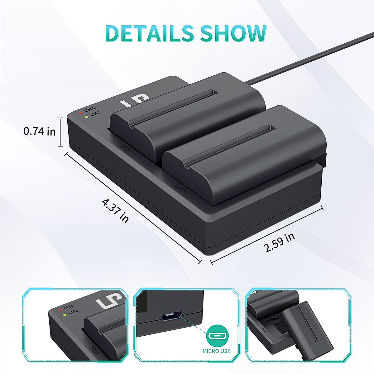 LP NP-F550 Battery Charger Pack, 2-Pack 2900mAh Battery & Dual Slot Charger, Compatible with Sony NP F970, F960, F770, F750, F570, F550, F530, F330, CCD-SC55, TR910, TR917, CN160, CN-216 LED & More