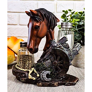 Ebros Country Western Chestnut Brown Stallion Horse By Farm Wagon Wheel Lasso Horseshoes Salt And Pepper Shakers Holder Figurine Set 6.25"High Old Fashioned Rustic Decor Statue (Chestnut Brown)