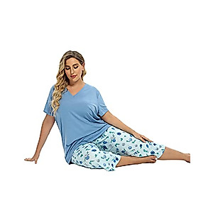 Vozanet Women's V Neck Sexy Pajama Sets Capri Sleepwear Floral Elegant Nighty 2PCS Plus Size S-3XL, Florals-Blue, XXX-Large