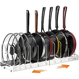 Puricon Expandable Pot and Pan Organizer for Cabinet with 10 Dividers, Adjustable Pots and Pans Organizer Rack Pan Lid Cookware Bakeware Baking Storage Holder for Kitchen Countertop Pantry -White