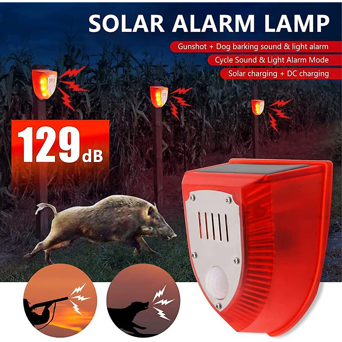2Pack Solar Security Light Alarm,WONFAST Waterproof PIR 6LED Motion Sensor Flashing Light,129dB Gunshot Sounds & Dog Barking Sound Warning Strobe Night Lamp for Outdoor Farm Barn Villa Yard