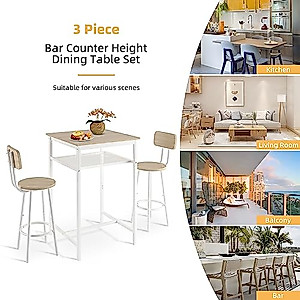YOFE Bar Table Set for 2, Pub Table High Top Table,3 Pieces Pub Dining Table Set,Square Bar Table with Stools for Kitchen, Apartment, Small Space (White, Square)
