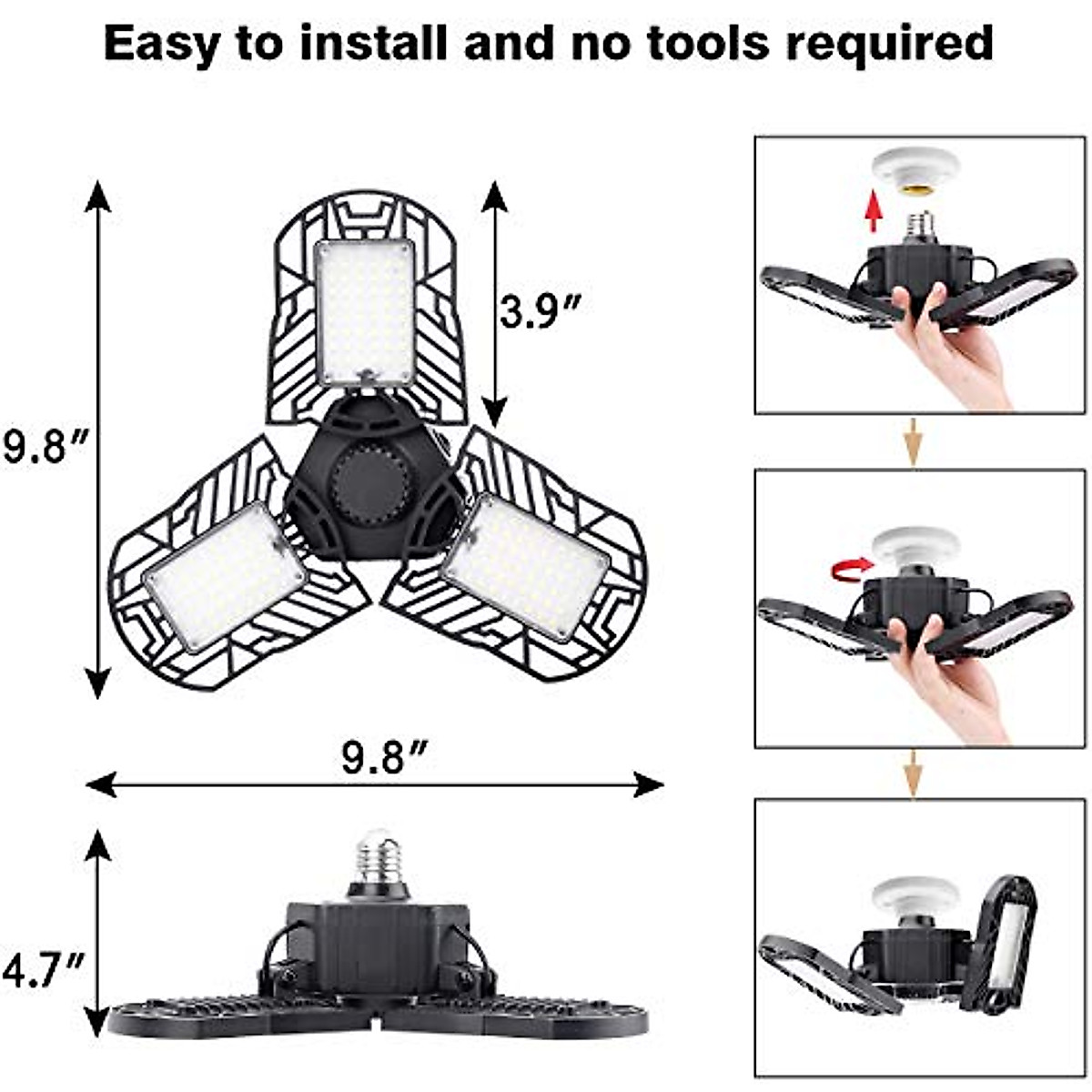 RUNDA LED Garage Lights, 60W Deformable Garage Ceiling Light 6000LM E26 Basement Light with 3 Adjustable Panels LED Light Bulbs for Workshop, Barn, Warehouse and More