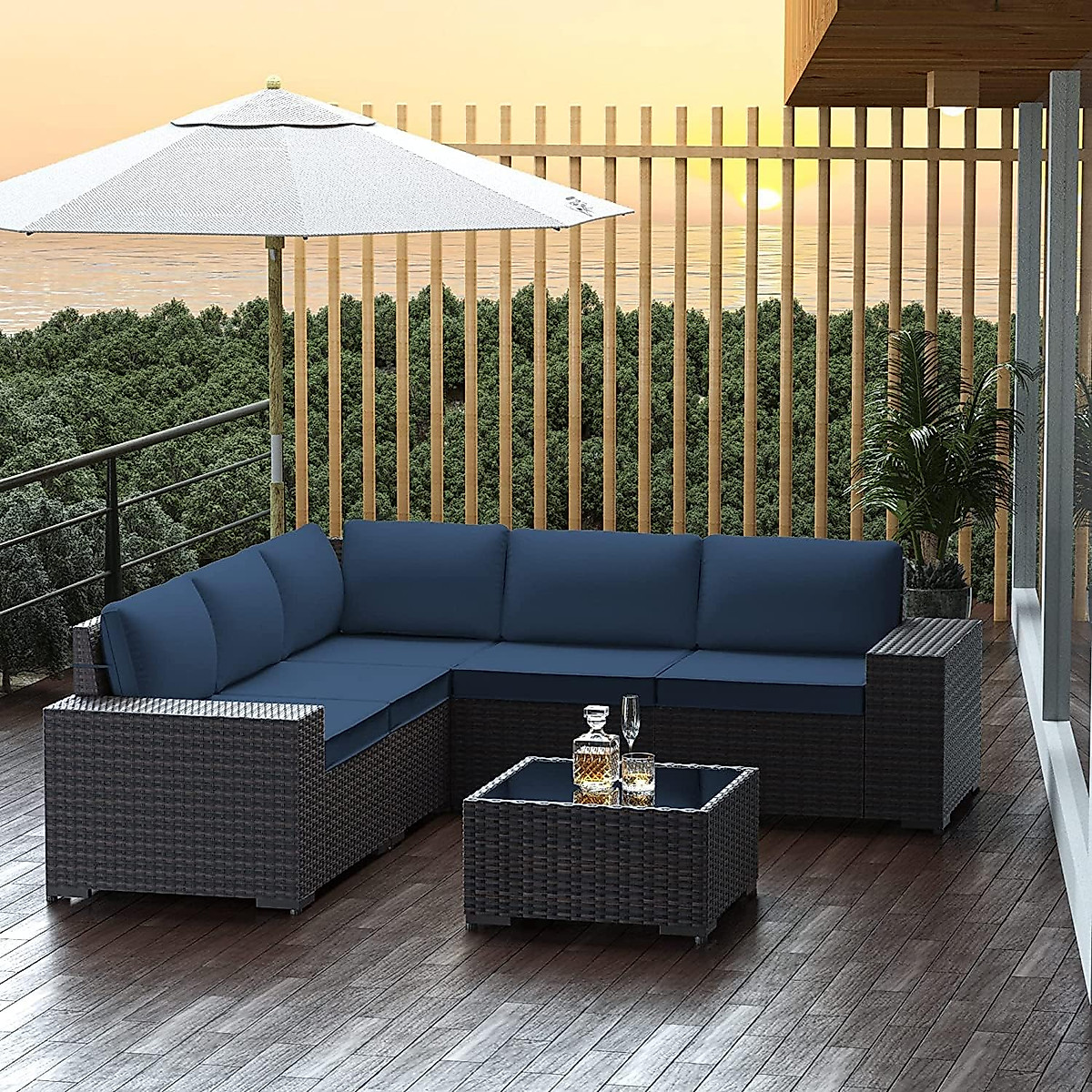 RTDTD Outdoor Patio Furniture Set, 6 Pieces Outdoor Furniture All Weather Patio Sectional Sofa PE Wicker Modular Conversation Sets with Coffee Table,5 Chairs & Seat Clips Dark Blue