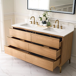 WELLFOR 60" Bathroom Vanity with Sink, Freestanding Wooden Bathroom Makeup Cabinet W/ 6 Soft-Close Drawers and Backsplash, Solid Wood Frame Bathroom Vanity (Light Oak)
