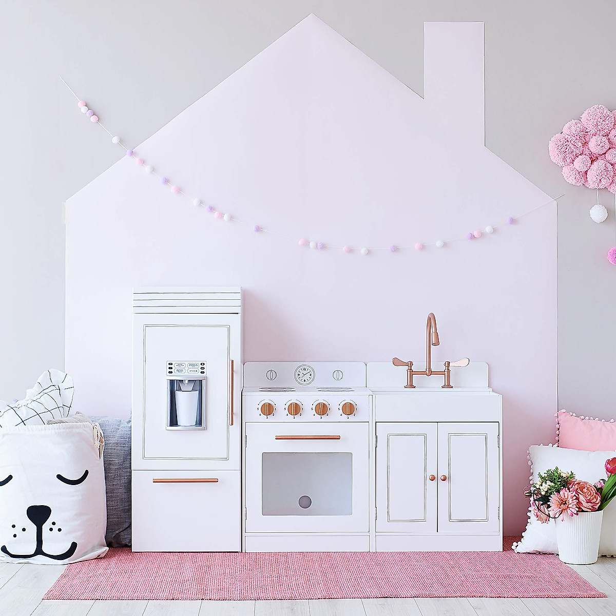 Teamson Kids Little Chef Paris Modular Contemporary Interactive Wooden Play Kitchen with Refrigerator, Oven, Sink, and Storage Space for Easy Clean Up, White with Rose Gold Finishes