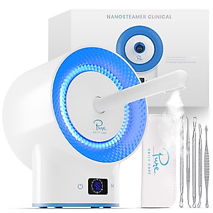 NanoSteamer Clinical - 10-in-1 Smart Steam Dermatologist Grade Ionic Facial Steamer with 2 Multi-Position Steam Nozzles - Digital LCD Screen - Extraction Set - 6 Pre-Programmed Professional Modes