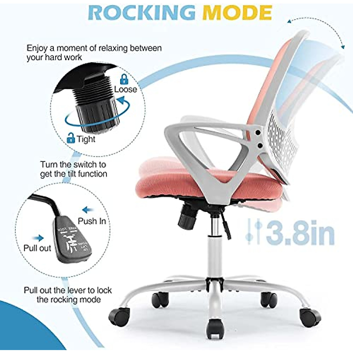 Ergonomic Office Chair - Home Desk Mesh Chair with Fixed Armrest, Executive Computer Chair with Soft Foam Seat Cushion and Lumbar Support, Pink