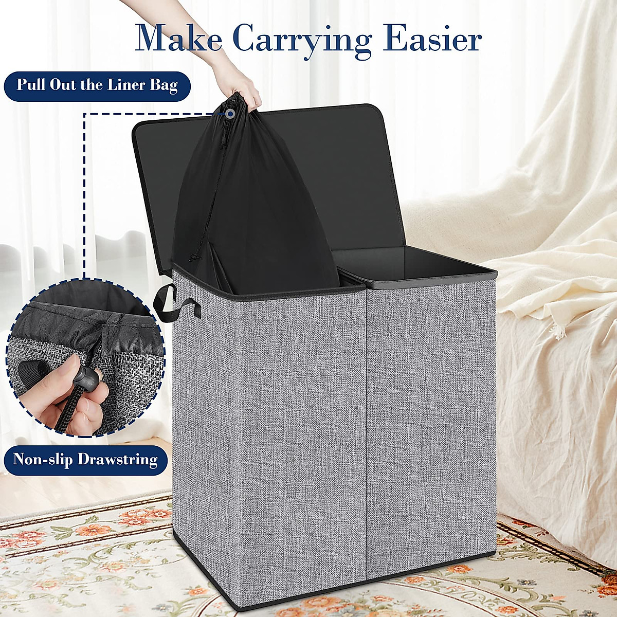 Pheswisom 150 L Extra Large Laundry Hamper with Lid, Double Laundry Hamper 2 Section with Removable Bags, Dirty Clothes Hamper for Storage Sorter, Dual Laundry Hamper for Bedroom, College, Dorm, Grey