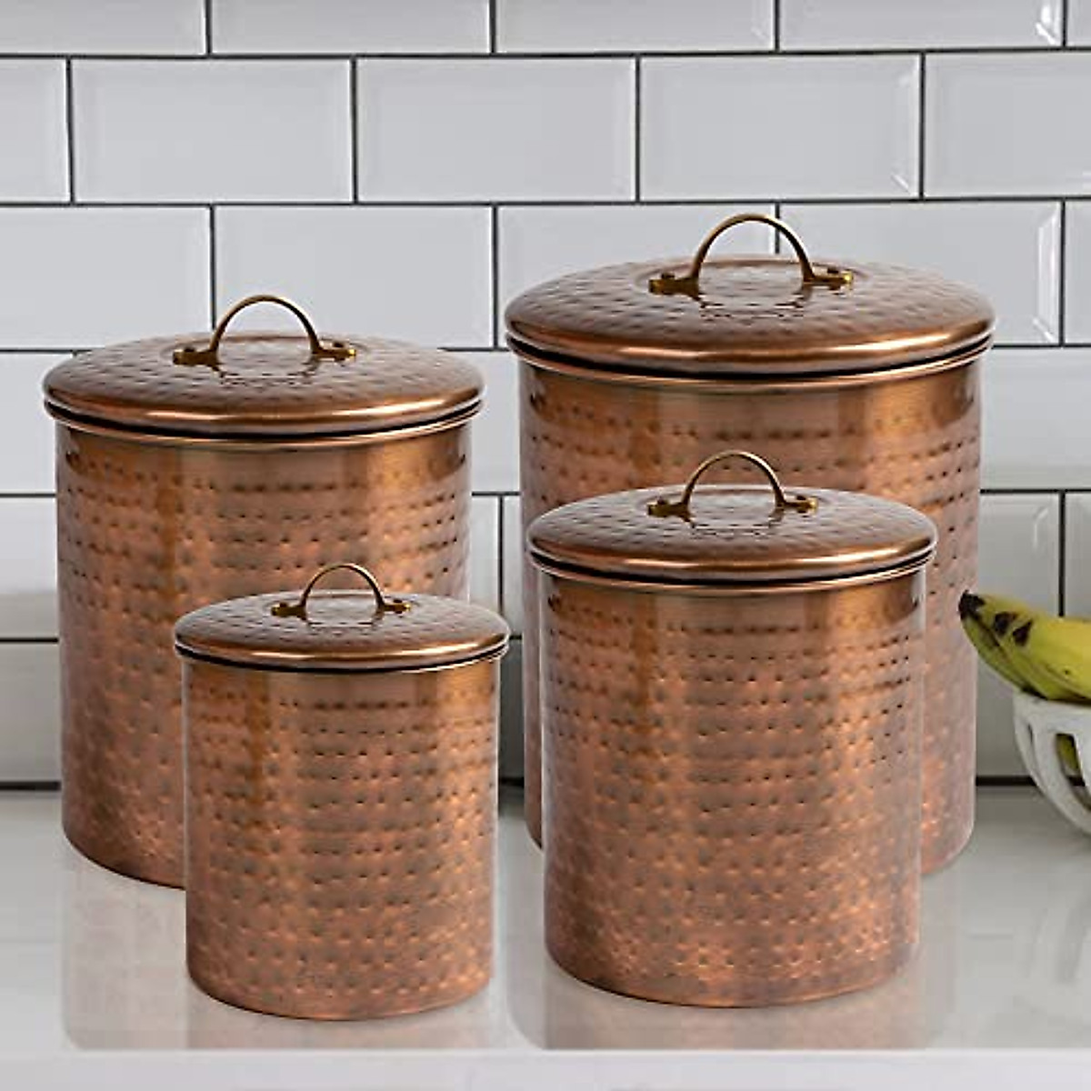 nu steel Hammered Antique Copper Stainless Steel 4pc Canister Set, Beautiful Food Storage Container for Kitchen Counter, Tea, Sugar, Coffee, Caddy, Flour Canister with Rubber seal lid, TG-1843AC-SET4
