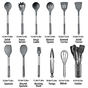 Keidason Silicone Cooking Utensils Set for Kitchen,446°F Heat Resistant 11 pcs Non-Stick Cooking Set Spatula Turner Spoon Tongs Whisk,BPA-Free-Gray