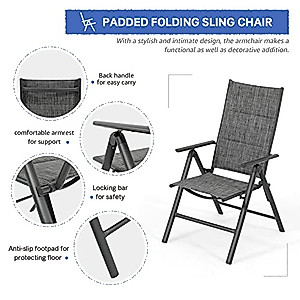 Soleil Jardin Outdoor Patio Dining Set for 4 with Aluminum Frame, 5 Piece Dining Table Set with 4 Adjustable Padded Folding Reclining Chairs & 1 Glass Top Table w/1.77” Umbrella Hole, Dark Gray