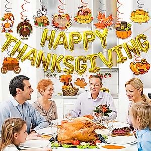 Thanksgiving Decorations Indoor, Happy Thanksgiving Banner | 16 Inches Gold 3D Foil Letter Balloons Decoration Fhoto Backdrop for Thanksgiving Party - Fall Office Decoration - Pack of 42