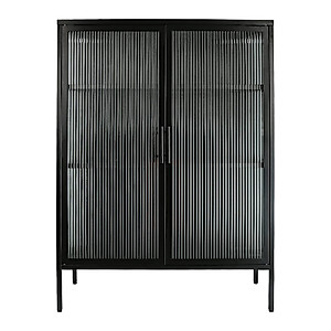 DiMorture 48 Inch-Height Double Glass Door Storage Cabinet, Sideboard Cupboard with Adjustable Shelves, Steel Display Cabinet Credenzas Console Table for Kitchen Entryway, Black