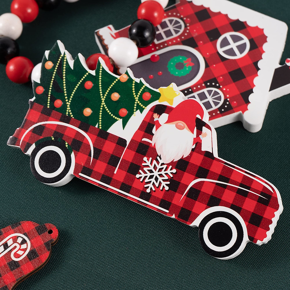 Christmas Tiered Tray Decorations Set - 13 Pcs Farmhouse Decor with Gnomes Plush, Wooden Signs, Bead Garland for Home Table