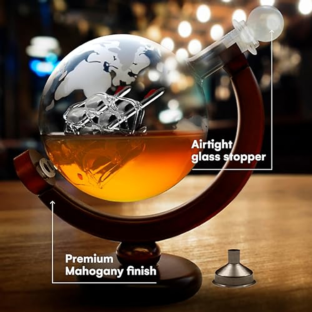 flybold Whiskey Decanter Whiskey Globe Decanter and Glass Set Antique Handblown Ship Decanter Certified Safe Gifts for men Scotch Bourbon Wine Rum Tequila Decanter 28oz 850ml