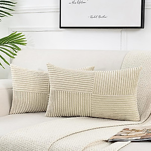 Fancy Homi Tan Lumbar Decorative Throw Pillow Covers 12x20 Inch for Living Room Couch Bed Sofa, Boho Home Decor, Soft Striped Corduroy Rectangle Accent Beige Cushion Case 30x50 cm