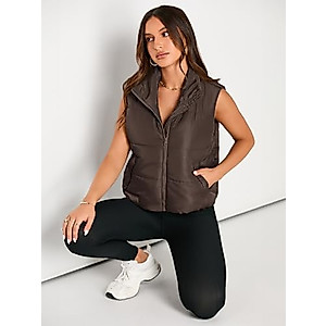 AUTOMET Puffer Vest Women Sleeveless Winter Cropped Outerwear Warm Puffer Lightweight Stand-up Collar Down with Pockets Coffee M