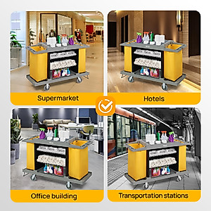LEADZM Premium Hotel & Housekeeping Cart on Wheels, 154LBS Multifunctional Commercial Cleaning Cart with Large Capacity Vingyl Bags, Comfor Grip Handles and Easy Move Casters