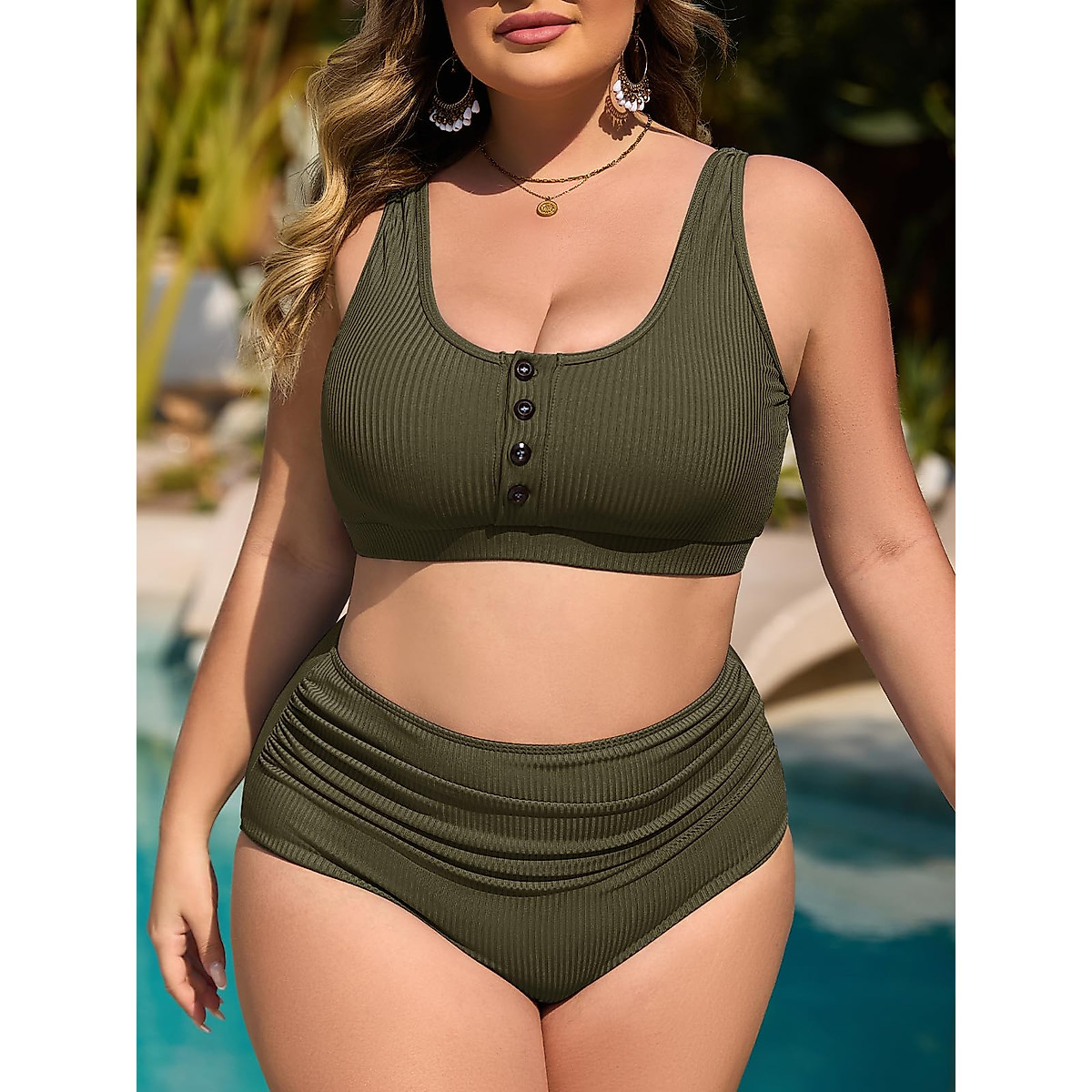 Summer Mae Plus Size Women Ribbed Bikini Set Two Piece High Waist Swimsuit Scoop Top Tummy Control Bathing Suit Swimwear Olive 22 Plus
