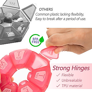 Round Weekly Pill Organizer, TPU Rubberized, Travel Pill Container 7 Day, with 7 Large Compartments, Great for Daily Vitamins & Supplements, Cute Pill Case with Large Letters and Braille (2 pcs)