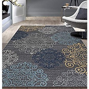 Modern Floral Swirl Design Non-Slip (Non-Skid) Area Rug 5 X 7 (5' 3" X 7' 3") Gray