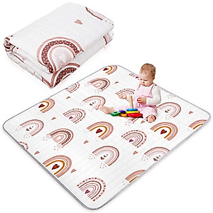 Boho Rainbow Portable Baby Play Mat, 43 x 43 Inch Washable Foldable Crawling Mat, Non Slip Playmat for Babies, Kids Play Mats Pad for Floor Playpen Toddler Infants Tummy Time Activity