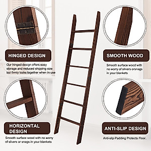 Blanket Ladder for Living Room and Bedroom,6-Tier Decorative Display Ladder Shelf,Ladder Rack for Storage and Decor,Wall Leaning Farmhouse Blanket Storage,Towel Rack, Bathroom,Brown