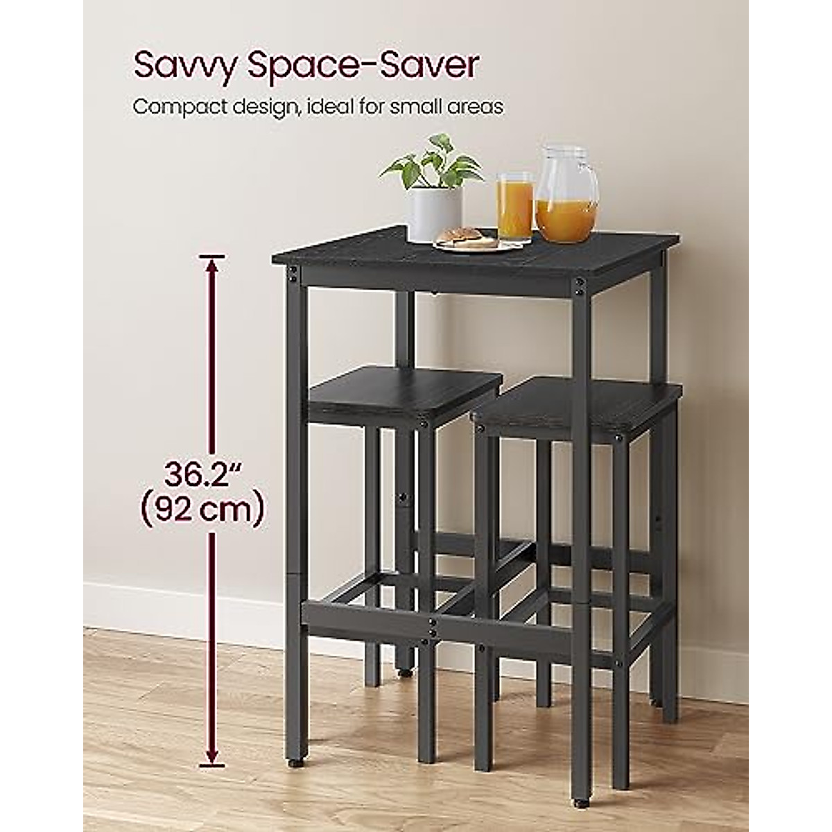 VASAGLE Bar Table, Small Kitchen Dining Table, High Top Pub Table, Height Cocktail Table for Living Room Party, Sturdy Metal Frame, 23.6 x 23.6 x 36.2 Inches for Narrow Spaces, Ebony Black and Black