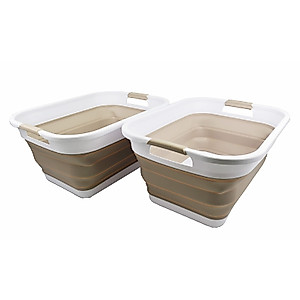 SAMMART 36L (9.5 gallon) Collapsible Plastic Laundry Basket - Foldable Pop Up Storage Container/Organizer - Portable Washing Tub - Space Saving Hamper/Basket (White/Latte (Set of 2))