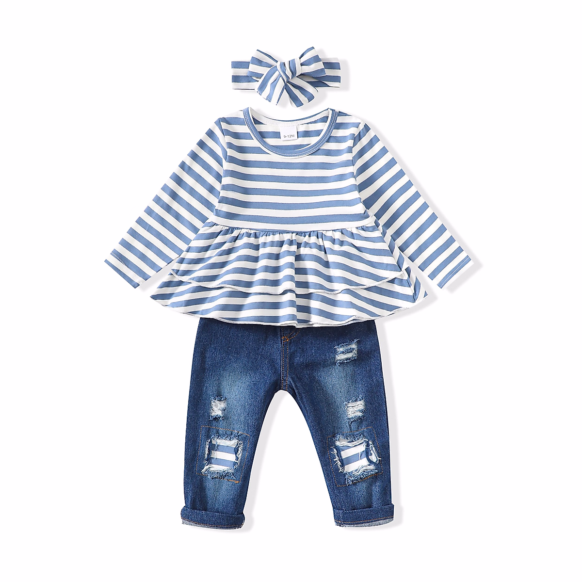 SODLON Baby Girl Clothes 12 18 Months Infant Winter Clothing 18 Months Girl Clothes Fall Toddler 12 Month Girls Clothes Ruffle Striped Top Ripped Denim Pants Jeans Outfits Sets for Girls Blue