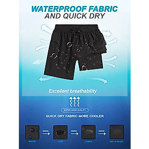 SILKWORLD 7 Inch Swim Trunks for Men Swimsuit with Compression Liner Bathing Suit Quick Dry Swim Shorts with Zipper Side Pockets,Black,Large