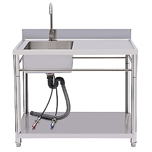 Stainless Steel Sink, Free Standing Single Bowl Commercial Kitchen Sink Kitchen Sink with Faucet & Shelf Kitchen Prep Outdoor Unity Sink for a Laundry Room Garage 31.5” x 39.37” x 19.68”