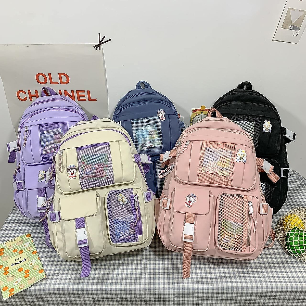 Kawaii Backpack with Bear Pendant, Aesthetic Canvas Students Schoolbag Shoulder Tote Bag Casual Daypack Back to School (Pink)