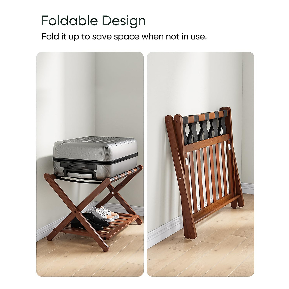 Smart FENDEE Fully Assembled Walnut Luggage Rack with Storage Shelf, Folding Suitcase Stand with 5 Heavy-Duty Straps, Large Wooden Luggage Holders for Guest Room Must Haves, Ideal for Bedroom, Hotel