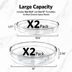 LAMU 4 Pack Lazy Susan Organizer Turntable for Cabinet, 10.6in 12in Rotating Organizer for Pantry, Kitchen, Fridge, Countertop, Bathroom, Spice Organization, Makeup Organizer, Clear